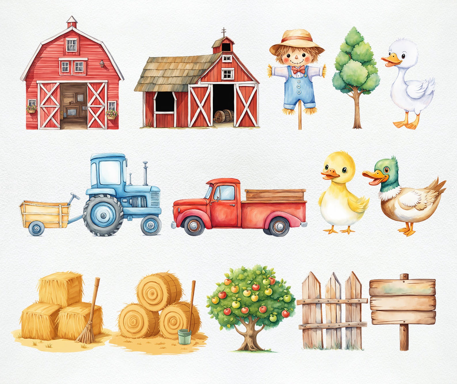 Cute Farm Animals Graphics, Farmhouse Barn, Tractor, Cow, Horse, Pig ...