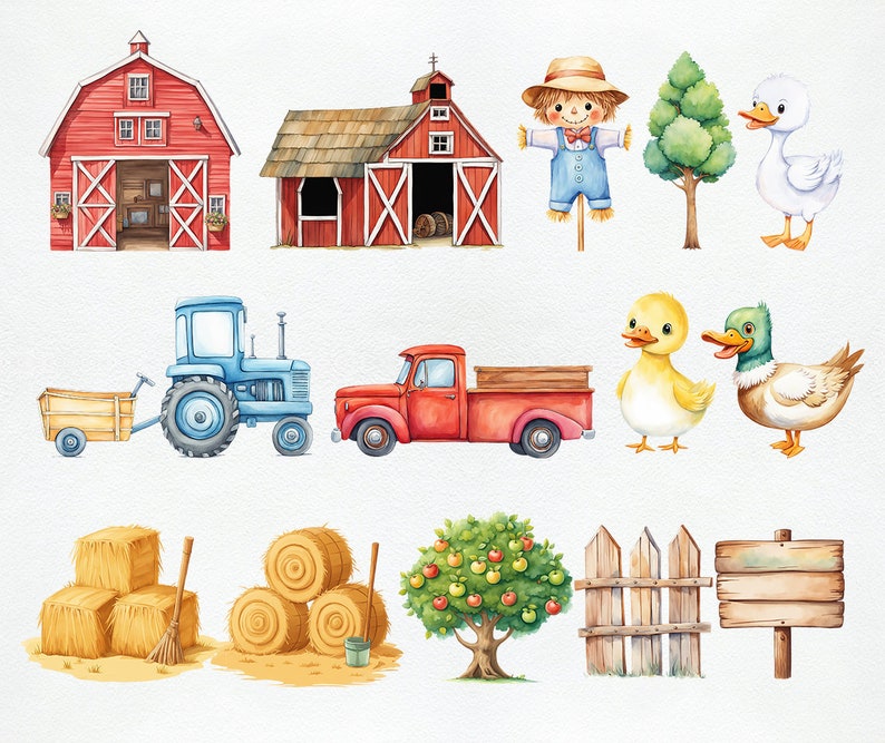 Cute Farm Animals Graphics, Farmhouse Barn, Tractor, Cow, Horse, Pig ...