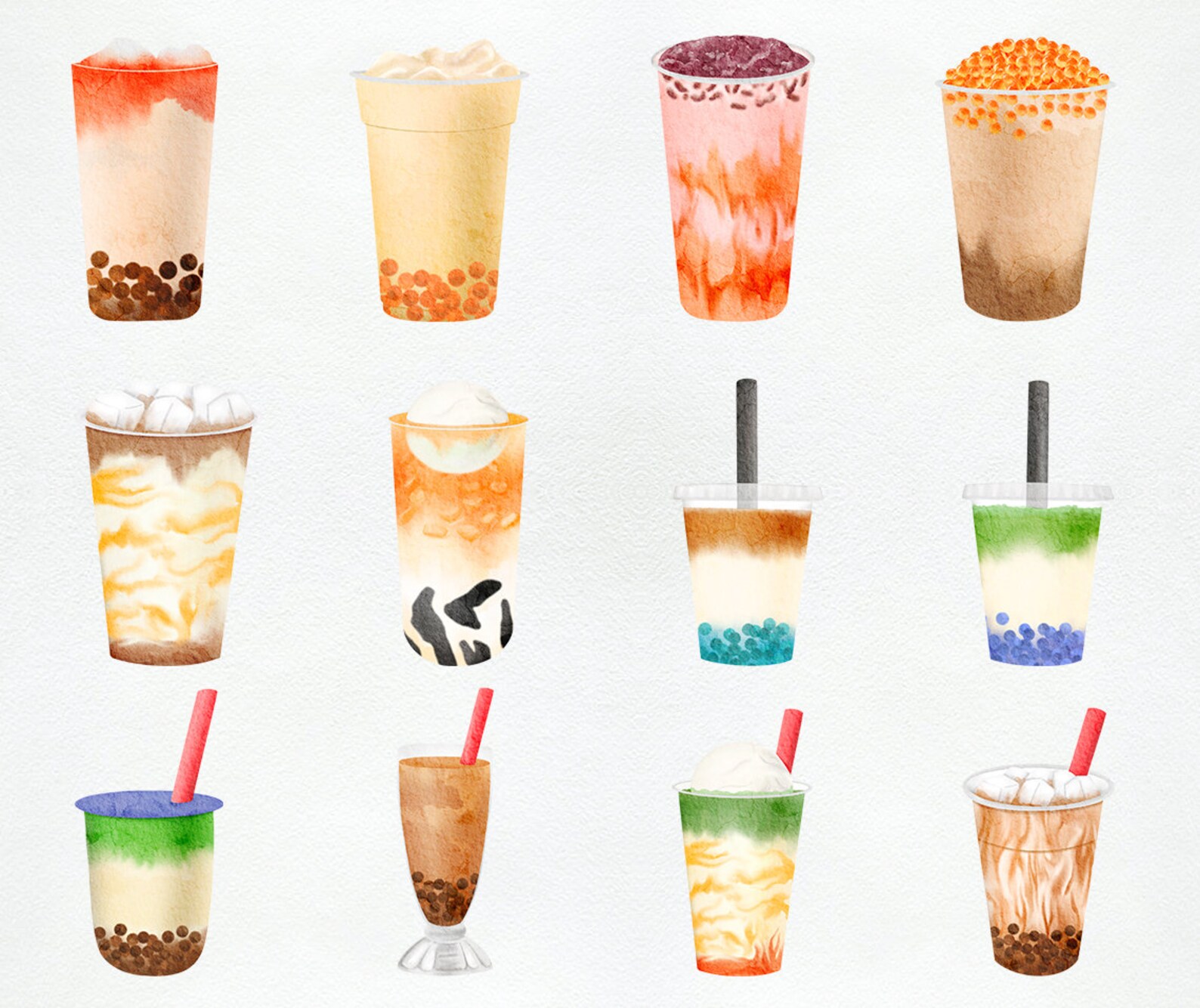 Bubble Tea Clipart Watercolor, Realistic Boba Tea Cute Drinks Cliparts ...