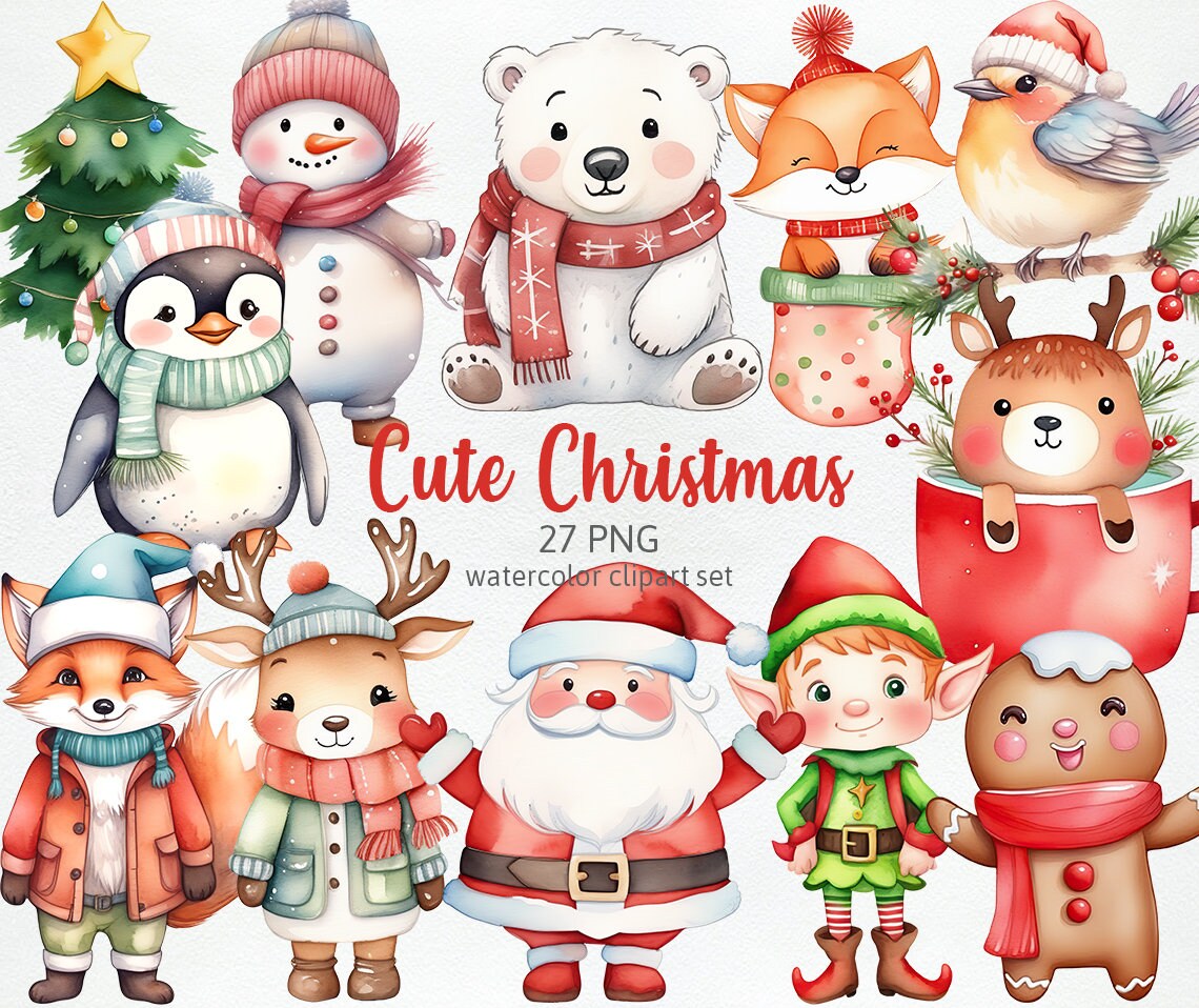 Cute Christmas Animal Clipart, Adorable Winter Animals Santa Claus ...