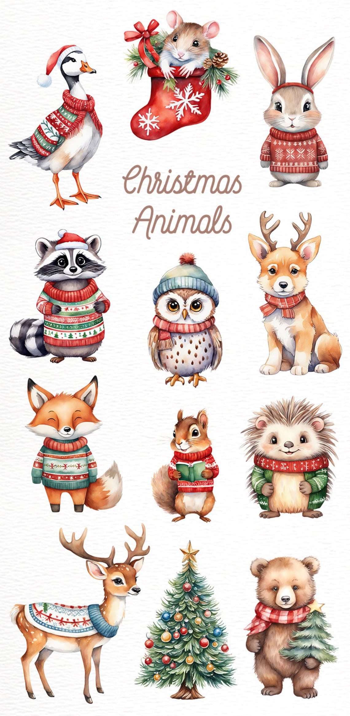 Christmas Animal Clipart, Cute Woodland Animals Owl Sloth Bear Fox Cat ...