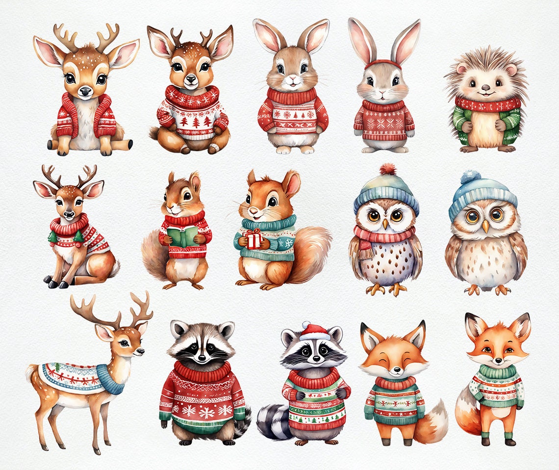 Christmas Animal Clipart, Cute Woodland Animals Owl Sloth Bear Fox Cat ...