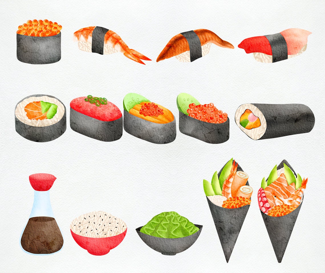 Japanese Sushi Watercolor Clipart, Japan Food Seafood Fresh Fish ...
