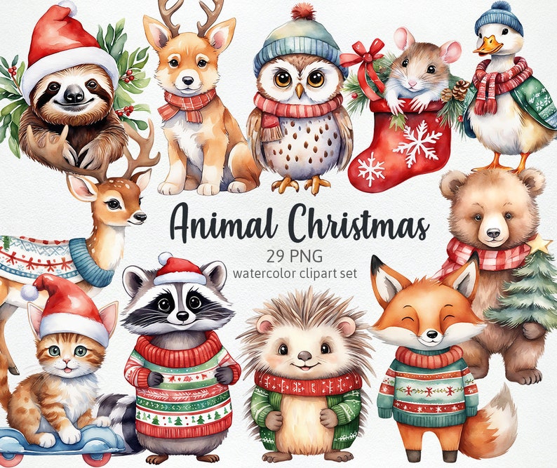 Christmas Animal Clipart, Cute Woodland Animals Owl Sloth Bear Fox Cat ...