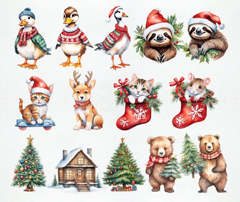 Christmas Animal Clipart, Cute Woodland Animals Owl Sloth Bear Fox Cat ...