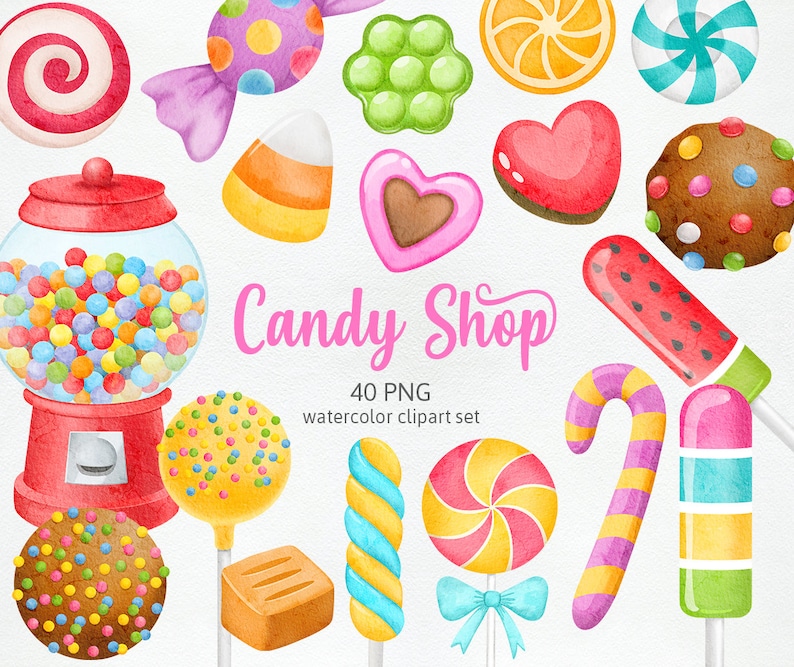 Watercolor Candy Shop Clipart, Cute Candy Graphics Hand-drawn, Lolly ...