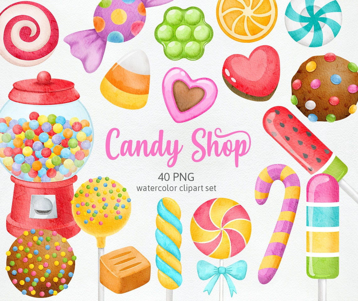 Watercolor Candy Shop Clipart, Cute Candy Graphics Hand-drawn, Lolly ...