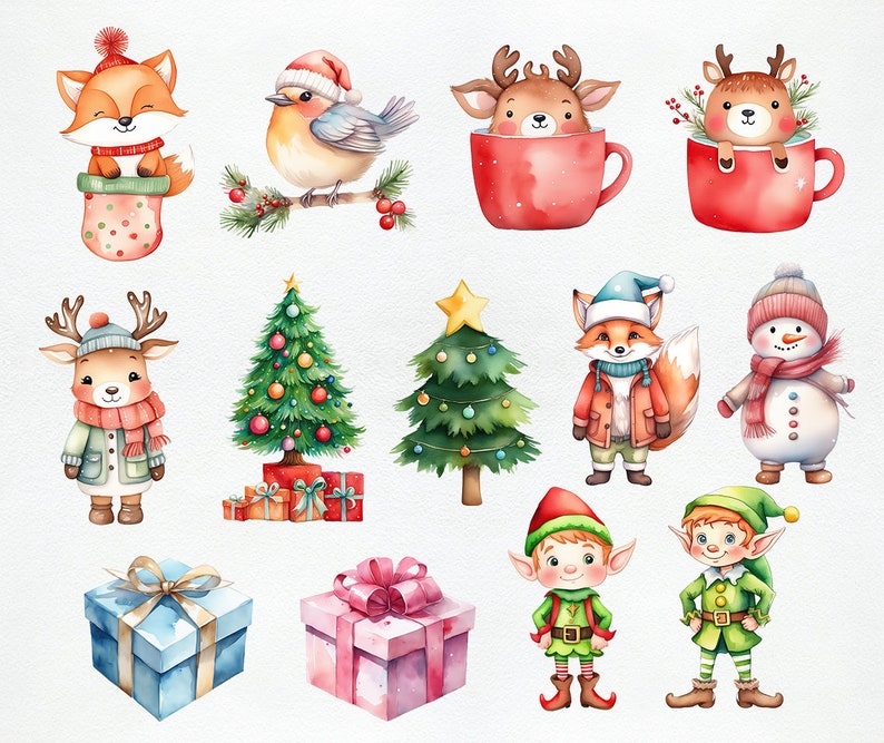 Cute Christmas Animal Clipart, Adorable Winter Animals Santa Claus ...