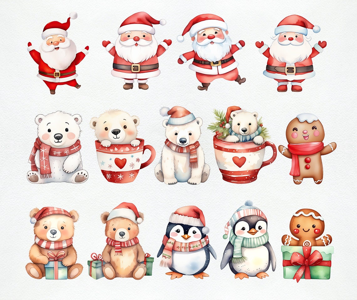 Cute Christmas Animal Clipart, Adorable Winter Animals Santa Claus ...