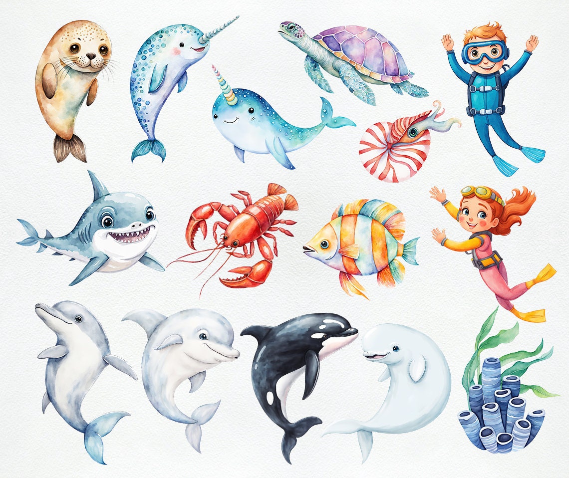 Cute Sea Animals Underwater Ocean Fish Jellyfish Shark Whale Diver Sea ...