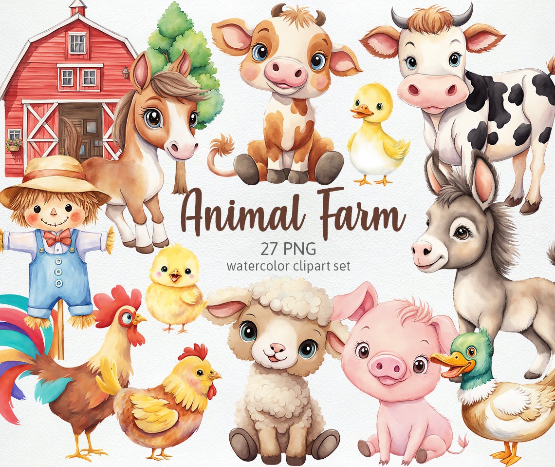 Cute Farm Animals Graphics, Farmhouse Barn, Tractor, Cow, Horse, Pig ...