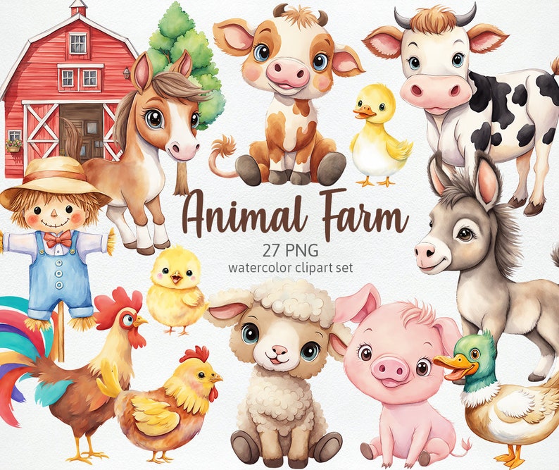 Cute Farm Animals Graphics, Farmhouse Barn, Tractor, Cow, Horse, Pig ...