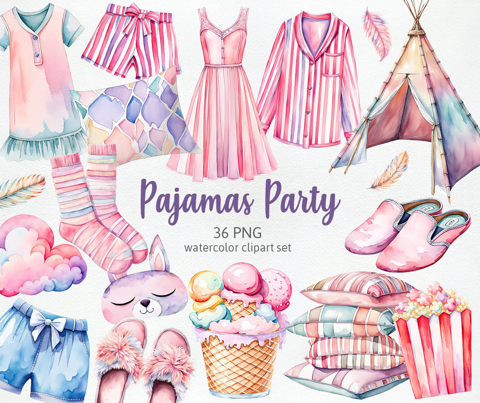 Watercolor Pajama Party, Slumber Party Clipart, Pajama Clipart ...