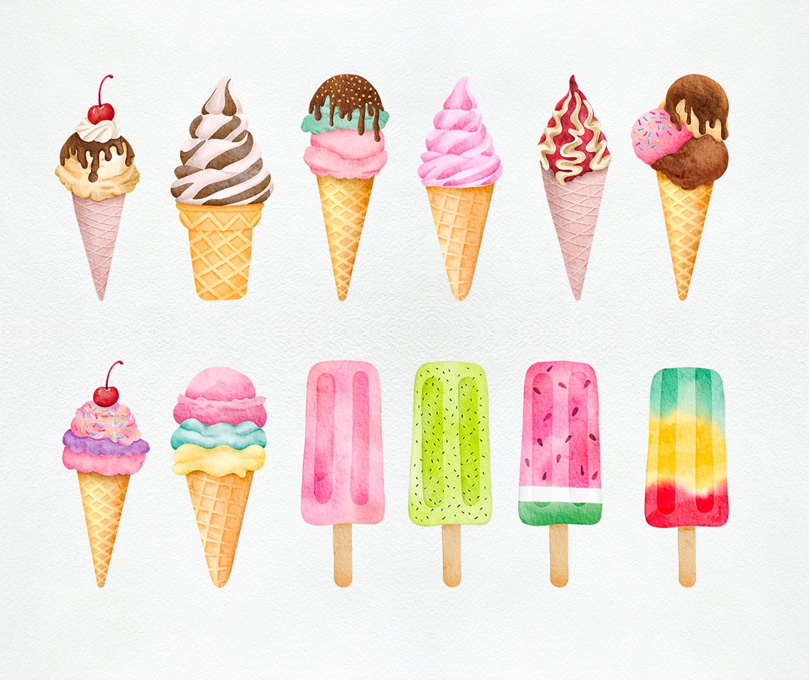 Watercolor Ice Cream Dessert, Summer Treats, Popsicle Ice Cream Sundae ...