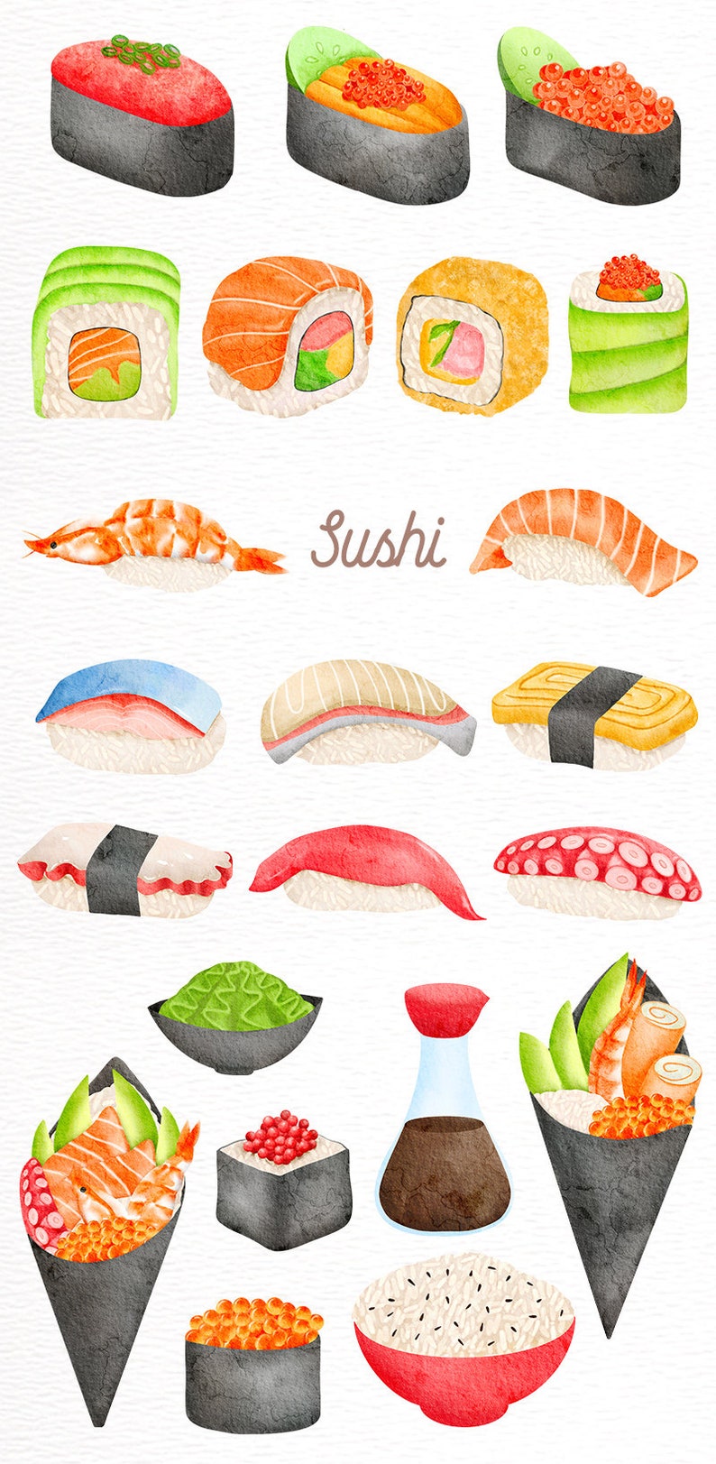 Japanese Sushi Watercolor Clipart, Japan Food Seafood Fresh Fish ...