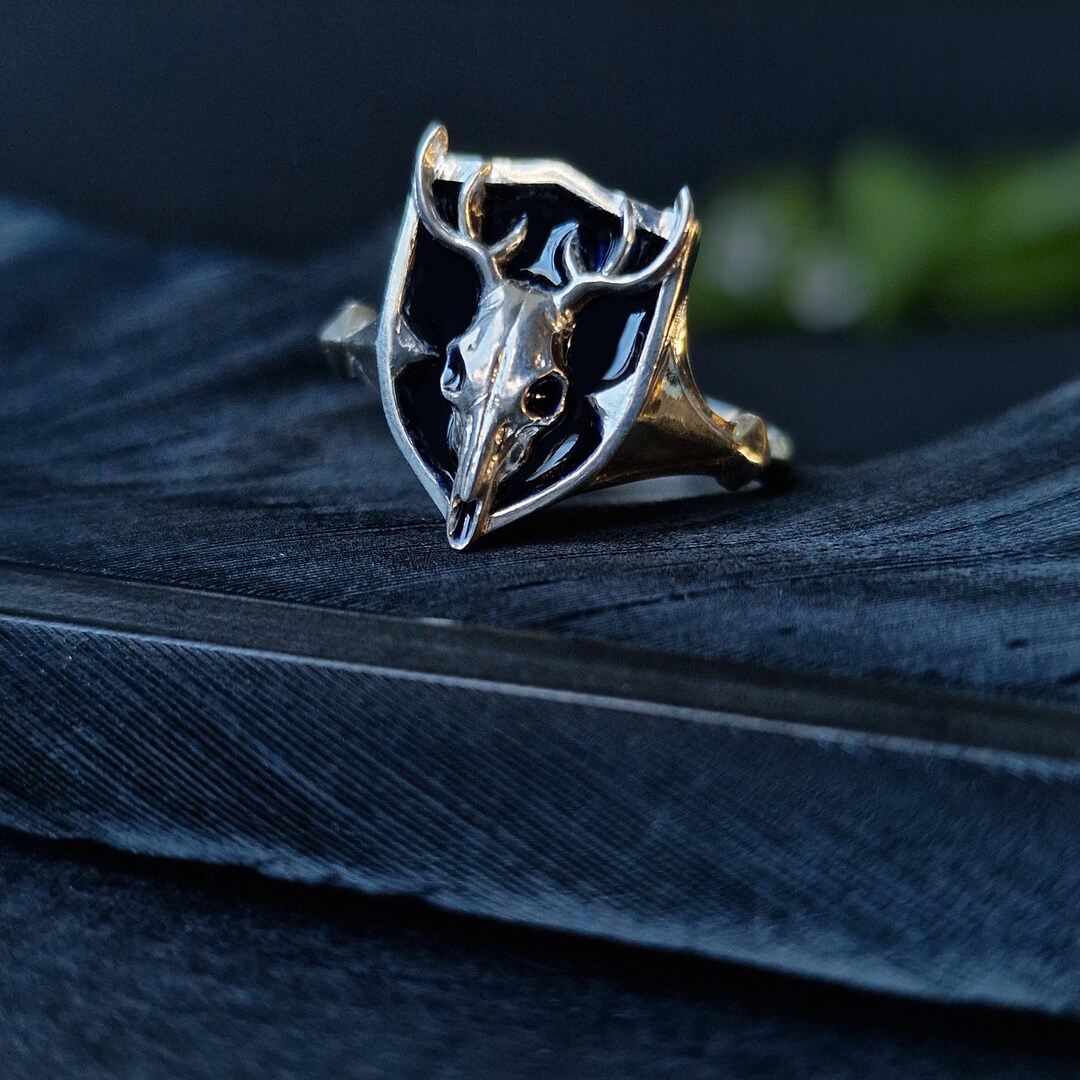 Stag Skull Ring "forest King" in Black. Sterling Silver/ Vitreous ...