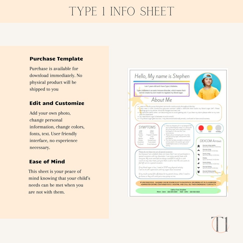 Type 1 Diabetes Info Sheet for School, Babysitter | Editable Template ...