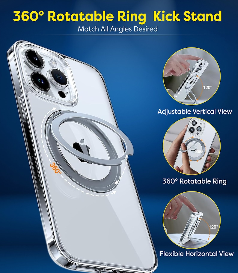 Case for iPhone 15 Magnetic 360 Rotatable Ring Holder Invisible Stand ...