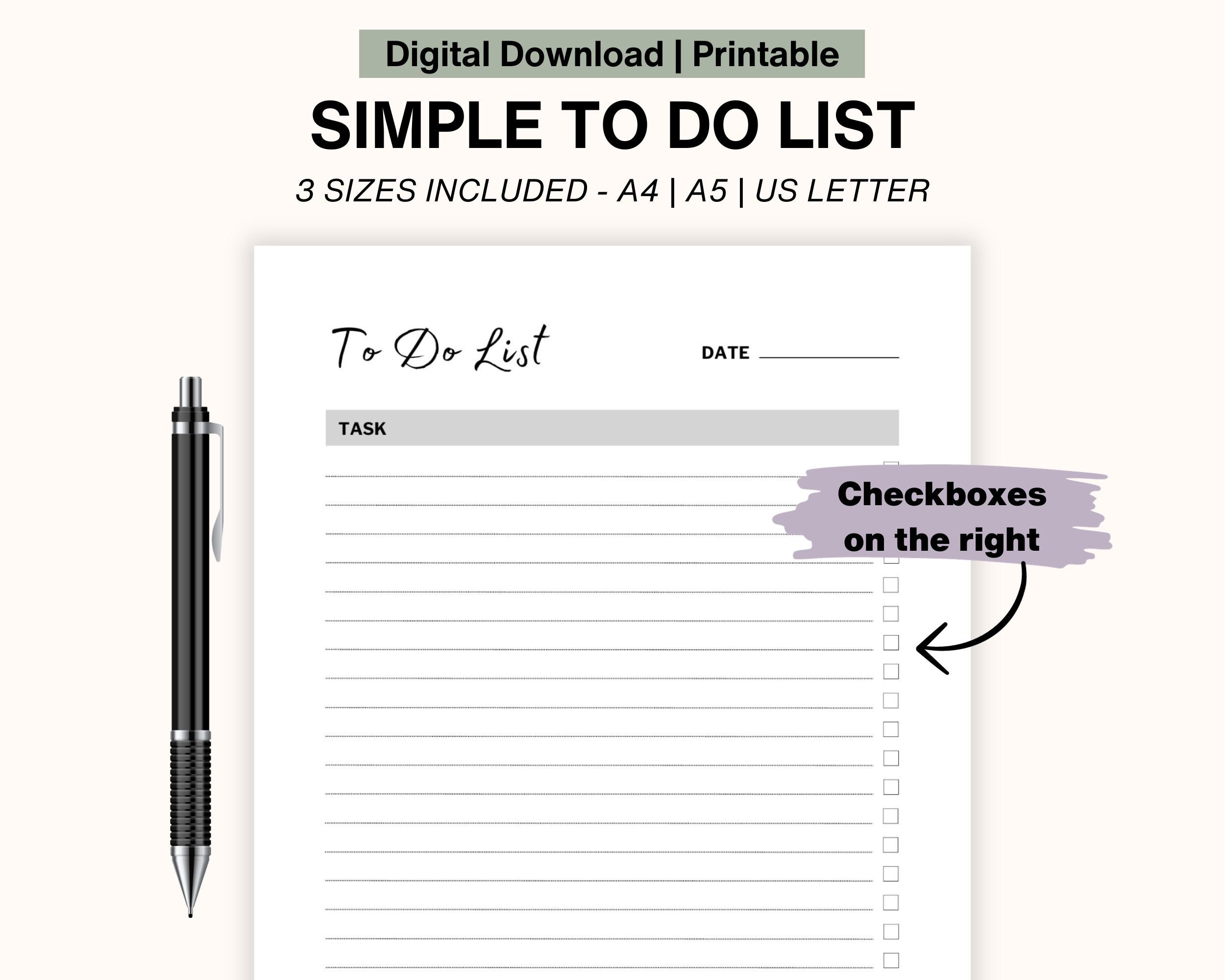 Simple to Do List Printable, to Do List Checkboxes on Right Side ...