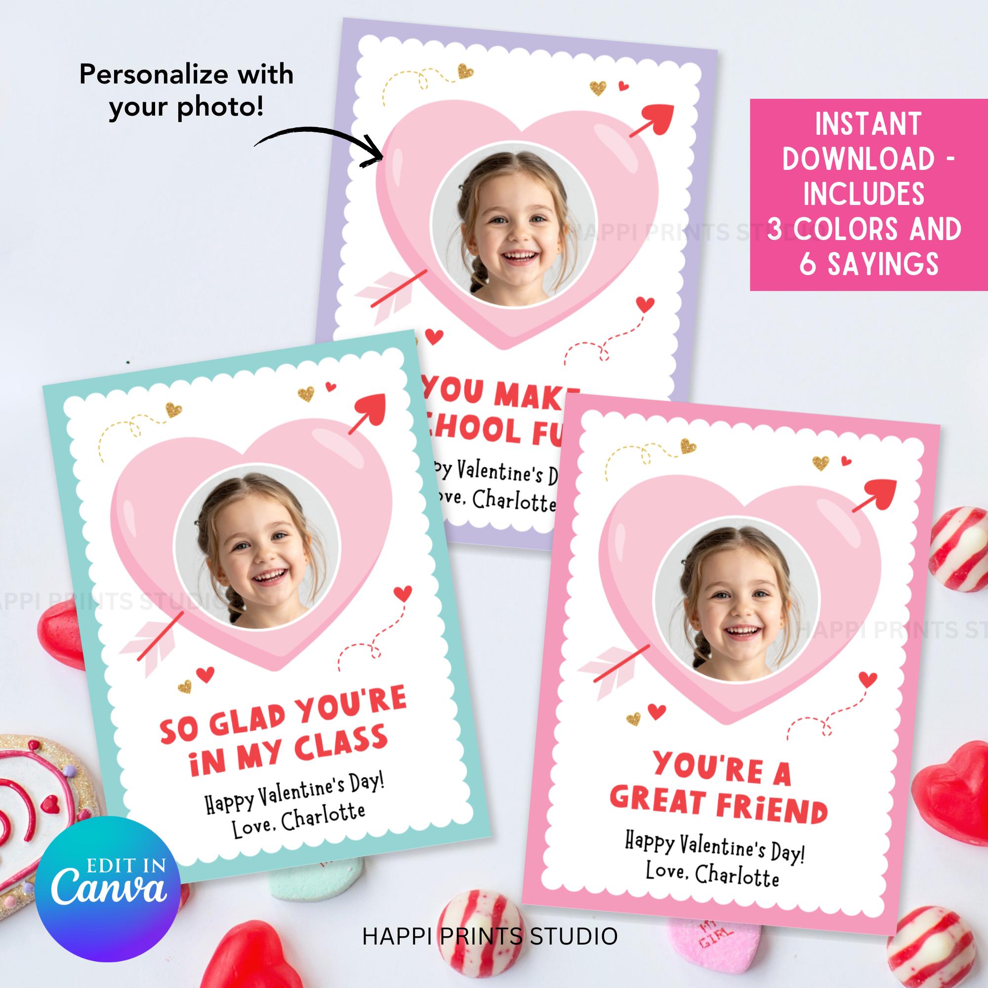 Cupid Heart Photo Valentine Class Exchange Card, Girl Photo Card Kid ...