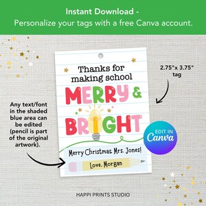 Thanks for Making School Merry and Bright Gift Tag, Christmas Teacher ...