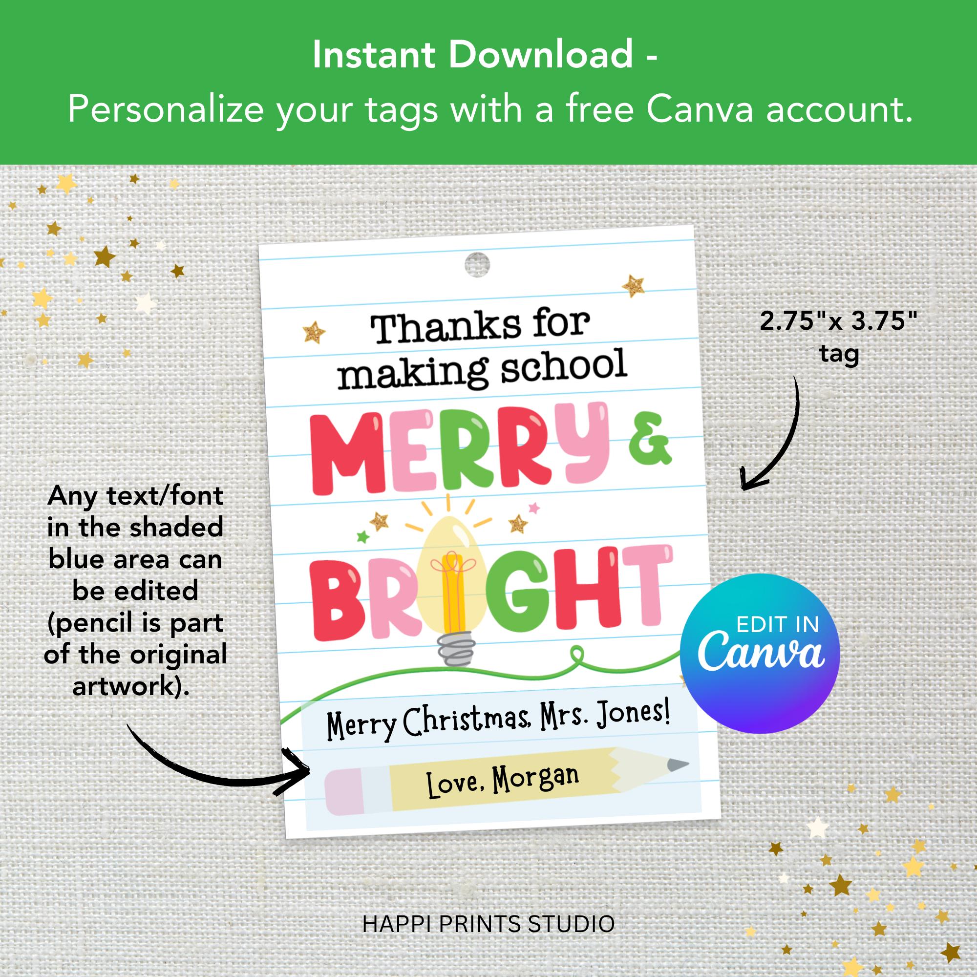 Thanks for Making School Merry and Bright Gift Tag, Christmas Teacher ...