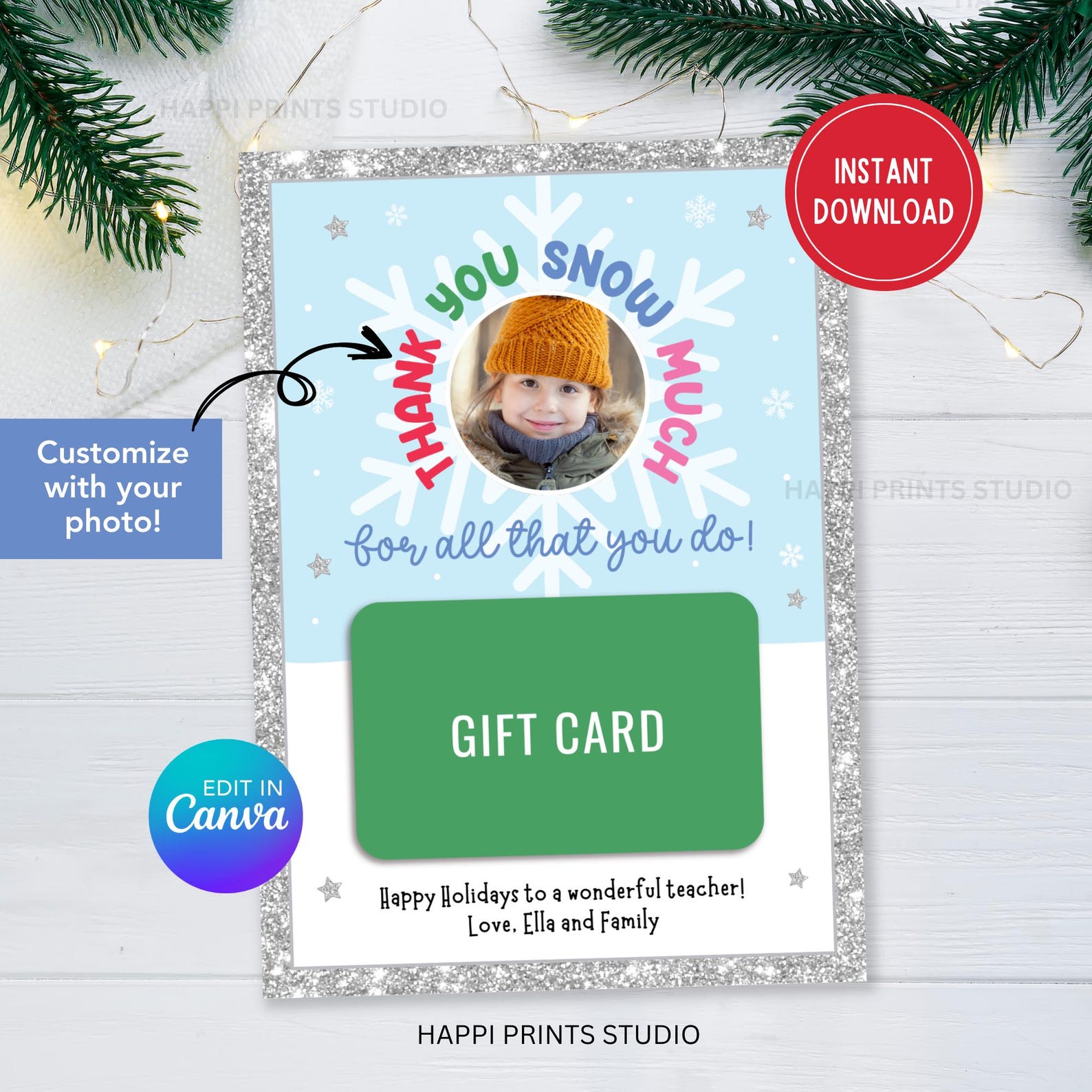 Thank You Snow Much Teacher Gift Card Holder, Custom Photo Snowflake ...