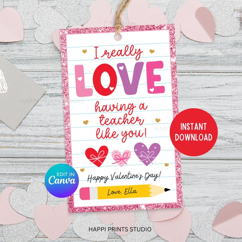Teacher Valentine Gift Tag, Heart Bow Teacher Pencil Favor Tag for ...