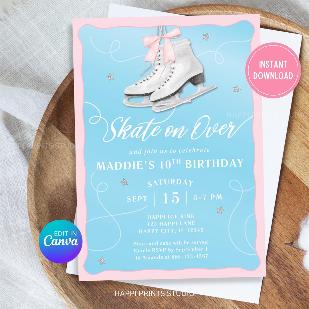 Pink Ice Skating Birthday Invitation, Girl Birthday Invite, Editable ...