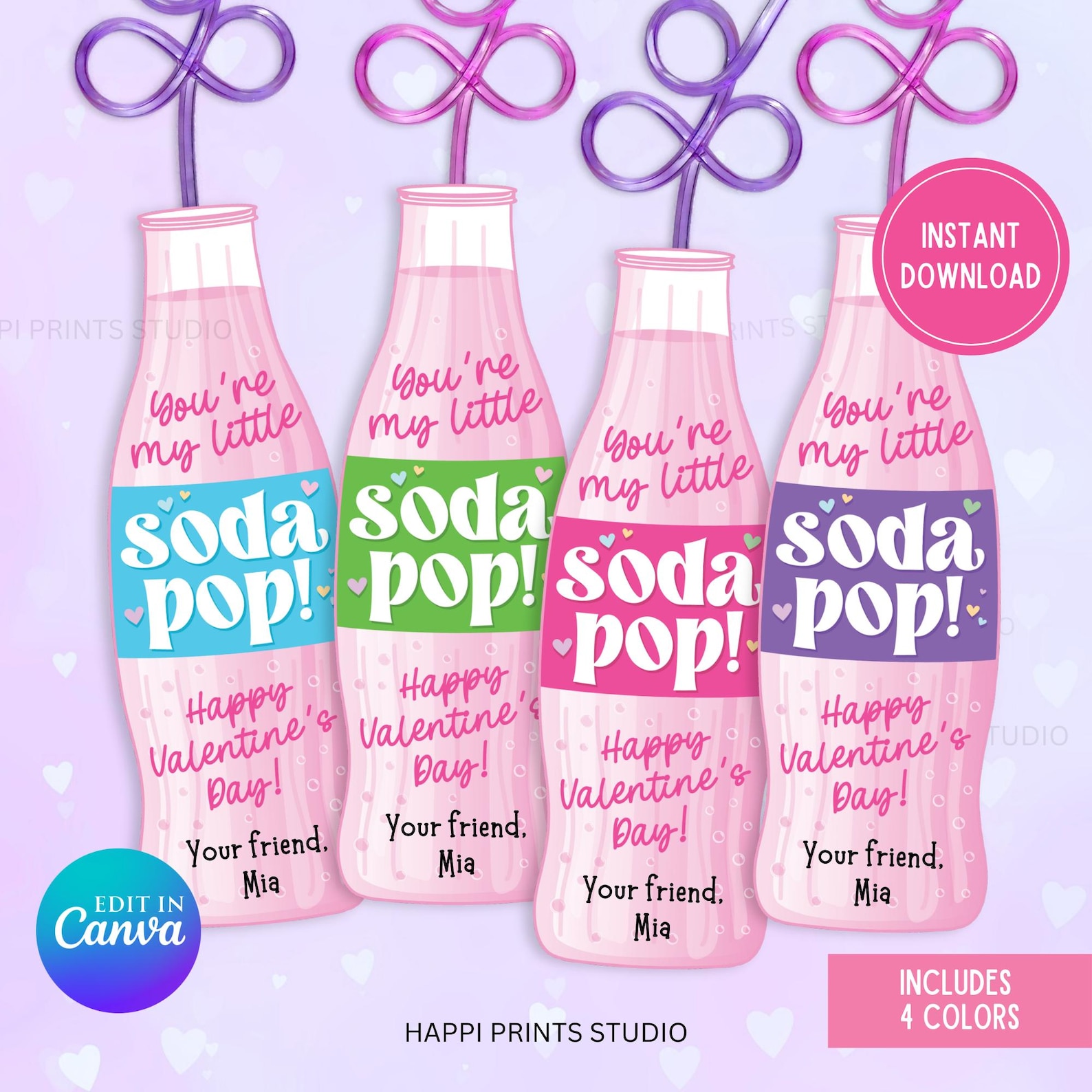 Soda Pop Silly Straw Valentine Printable Card, Crazy Straw Toy Favor ...