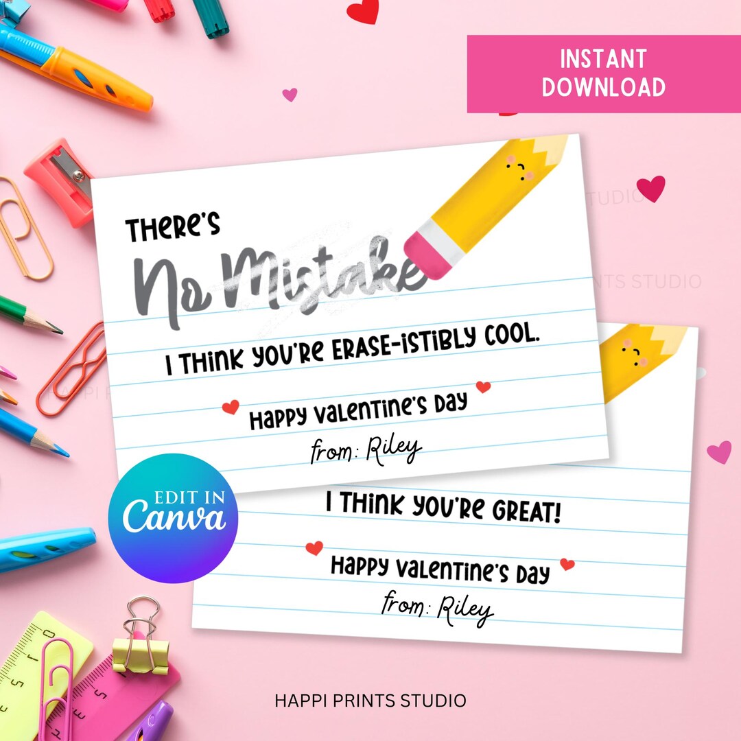 Pencil Eraser Valentine Classroom Exchange Card, Eraser Favor Tag ...