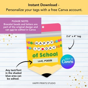First Day of School Gift Tag, Editable Friendship Bracelet Teacher Gift ...