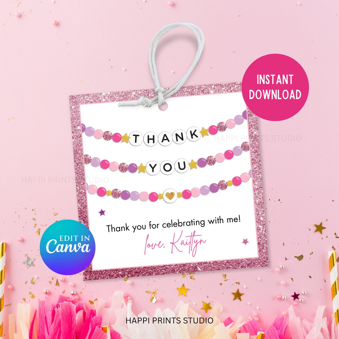 Pink Glitter Editable Friendship Bracelet Thank You Favor Tag ...