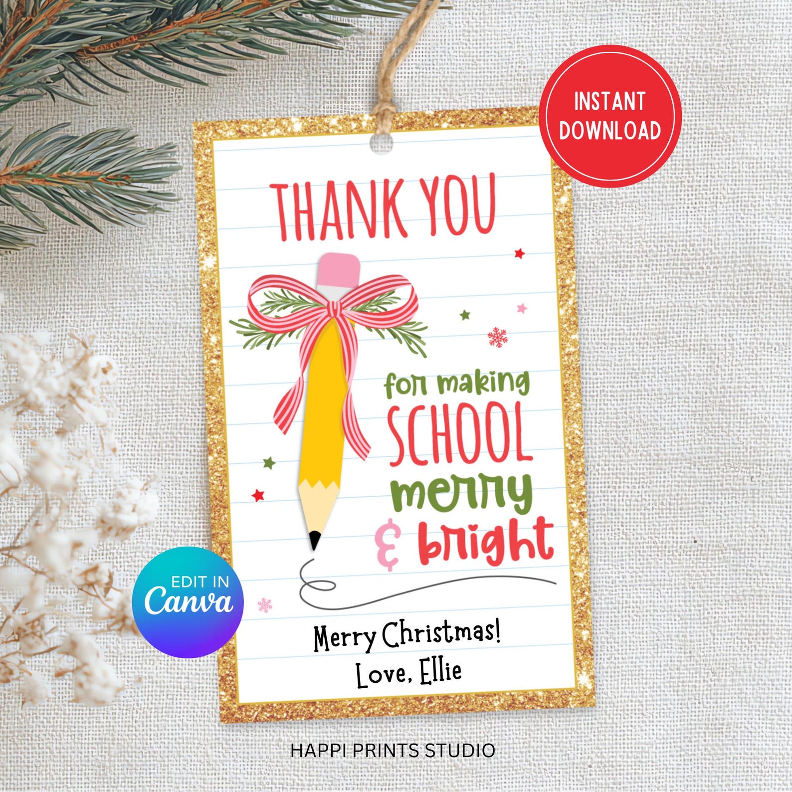 Red Stripe Ribbon Pencil Teacher Christmas Gift Tag, Printable Teacher ...