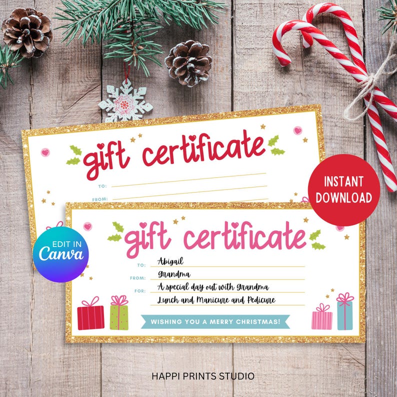 Editable Christmas Gift Certificate Template, Printable Gift Voucher ...