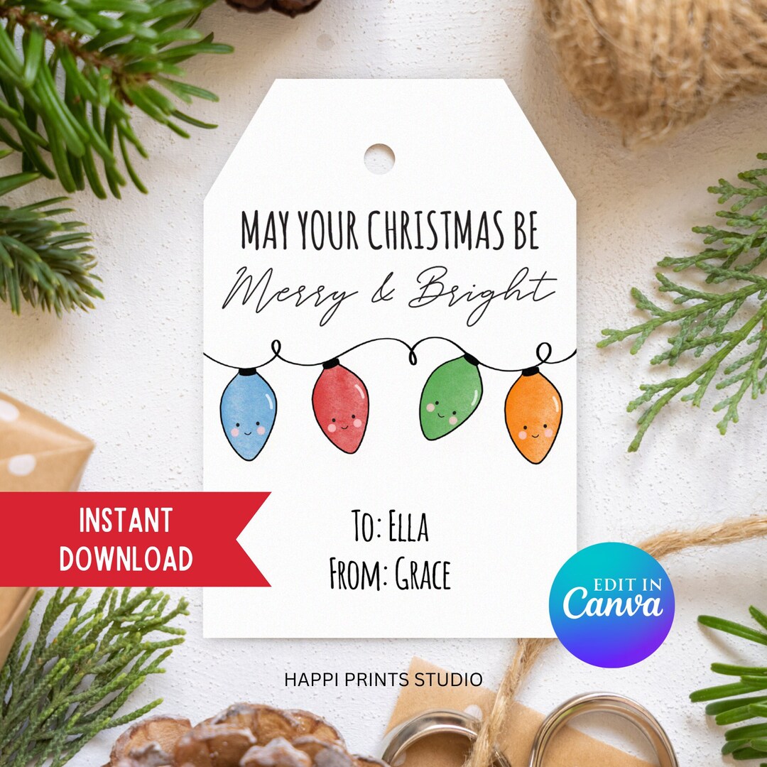 Printable Christmas Gift Tag Merry and Bright Editable - Etsy