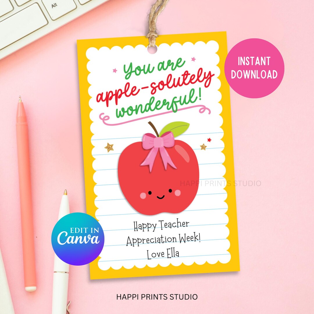 Apple-solutely Wonderful Teacher Appreciation Week Gift Tag, Editable ...