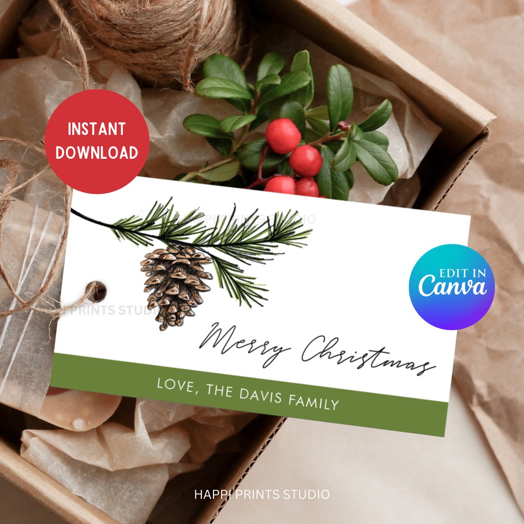 Pine Cone Christmas Gift Tag, Printable Gift Tag, Editable Winter ...