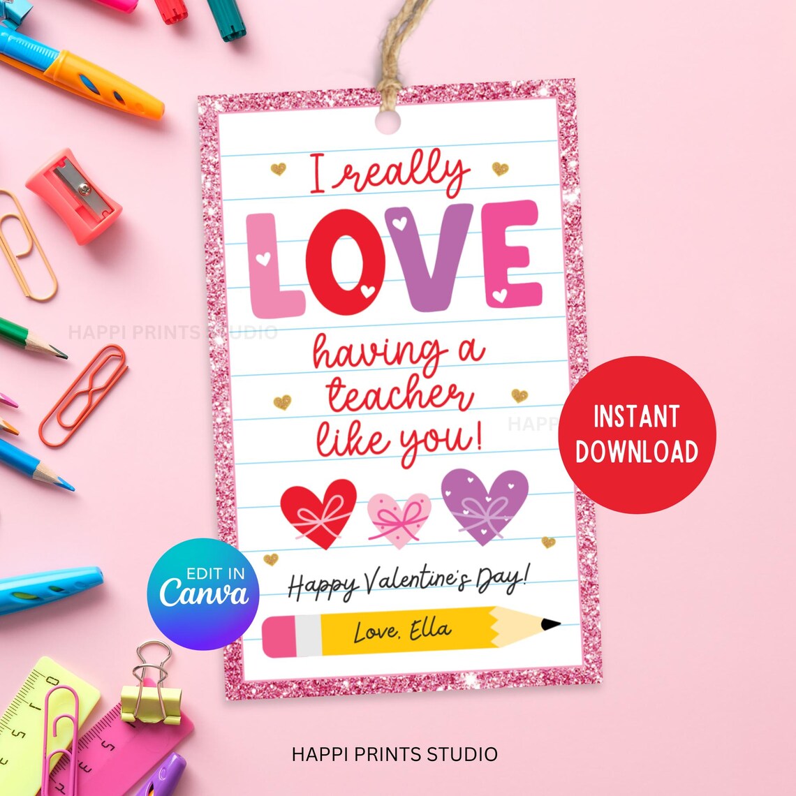 Teacher Valentine Gift Tag, Heart Bow Teacher Pencil Favor Tag for ...