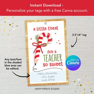 Editable Candy Cane Teacher Christmas Gift Tag, Printable Teacher ...
