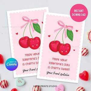 Pink Bow Cherry Valentines Day Card, School Valentine Printable, Cherry ...