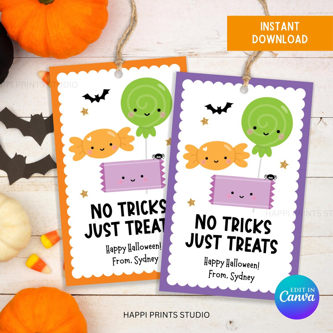 No Tricks Just Treats Halloween Printable Gift Tag, Editable Halloween ...