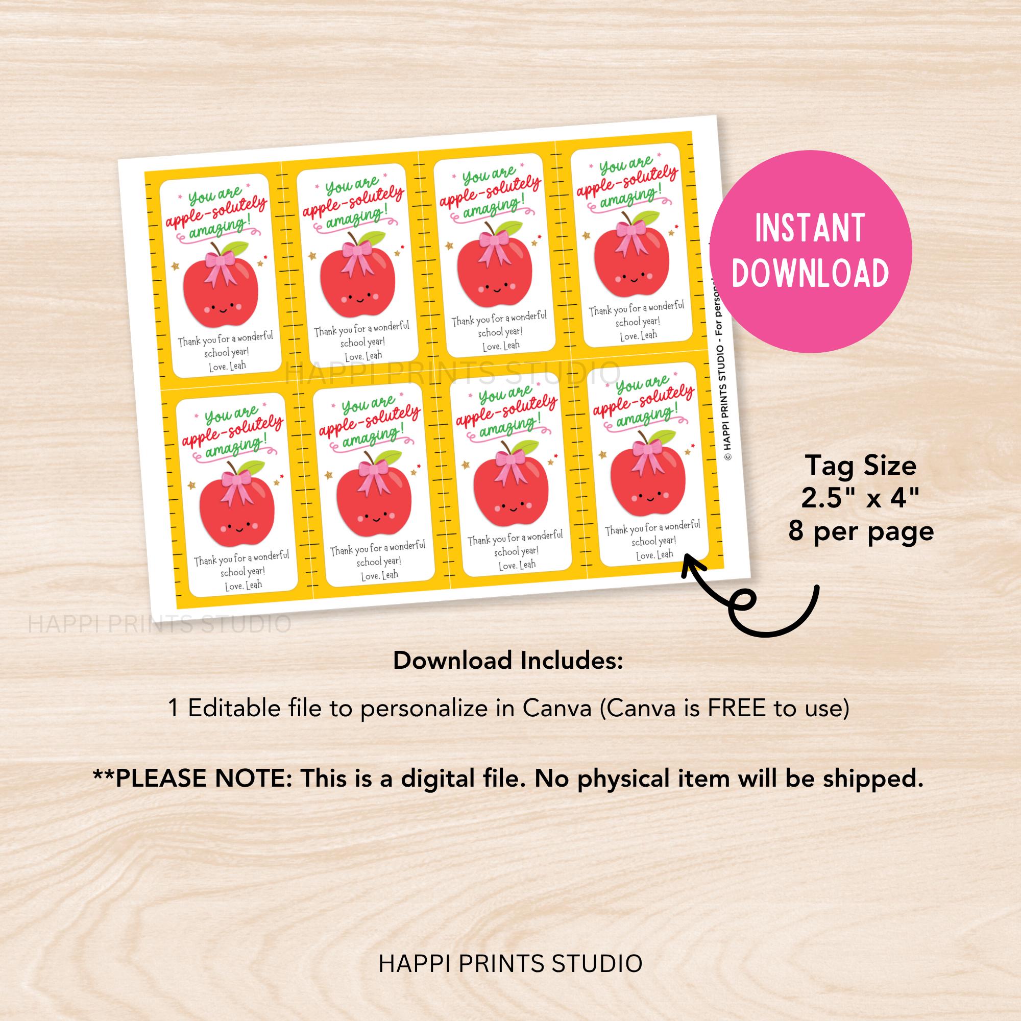 Apple-solutely Amazing Teacher Thank You Gift Tag, Editable Apple Ruler ...