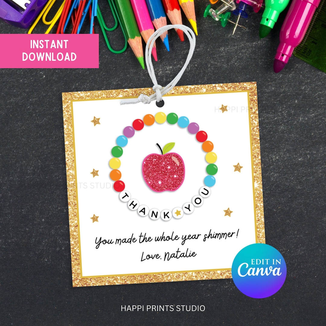 Friendship Bracelet Teacher Thank You Gift Tag, Editable Teacher Apple ...
