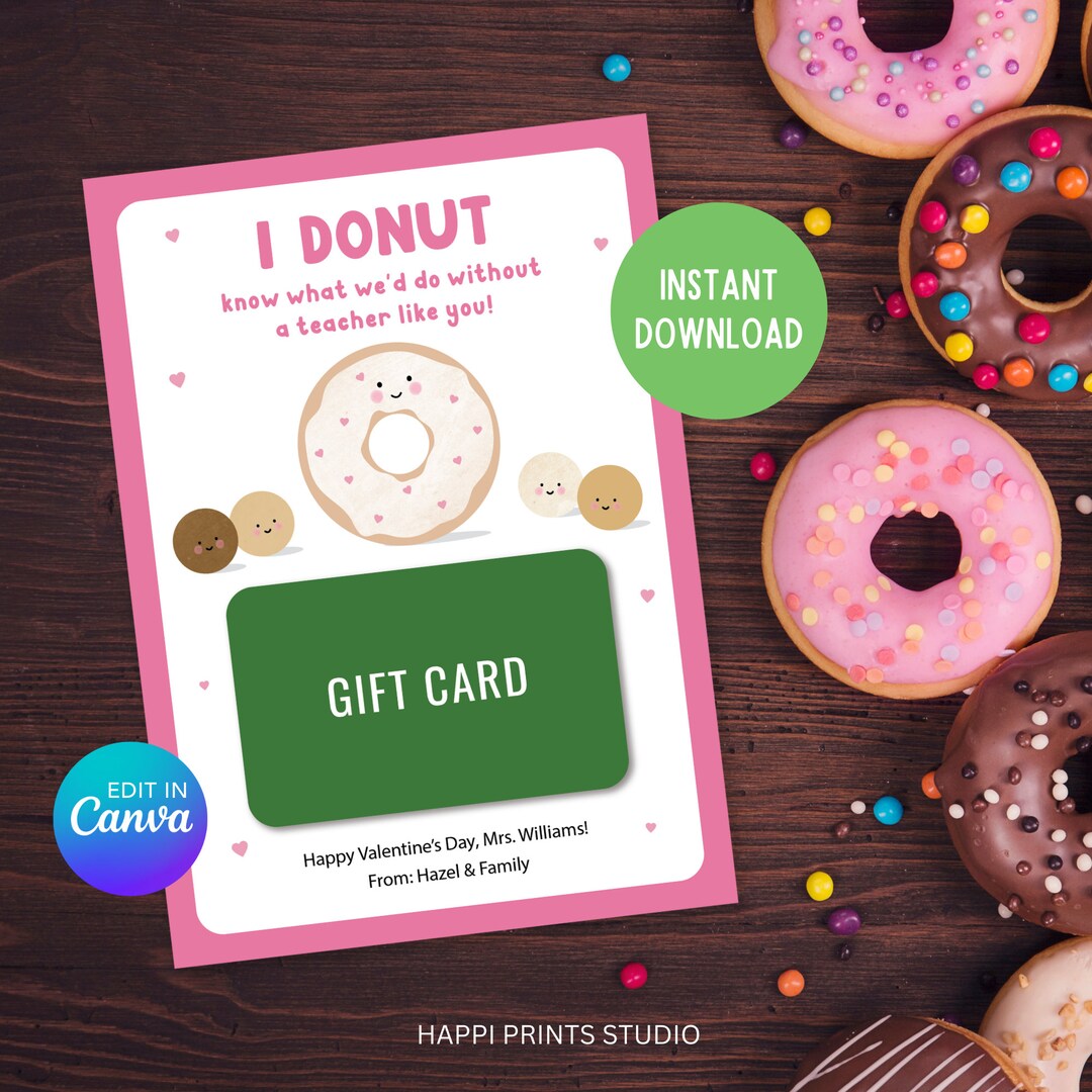 Teacher Valentine Gift Card Holder, Donut Valentine Card, Valentine ...