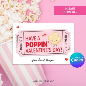 Popcorn Valentine Day Printable Tag, Movie Ticket Popcorn Valentine ...