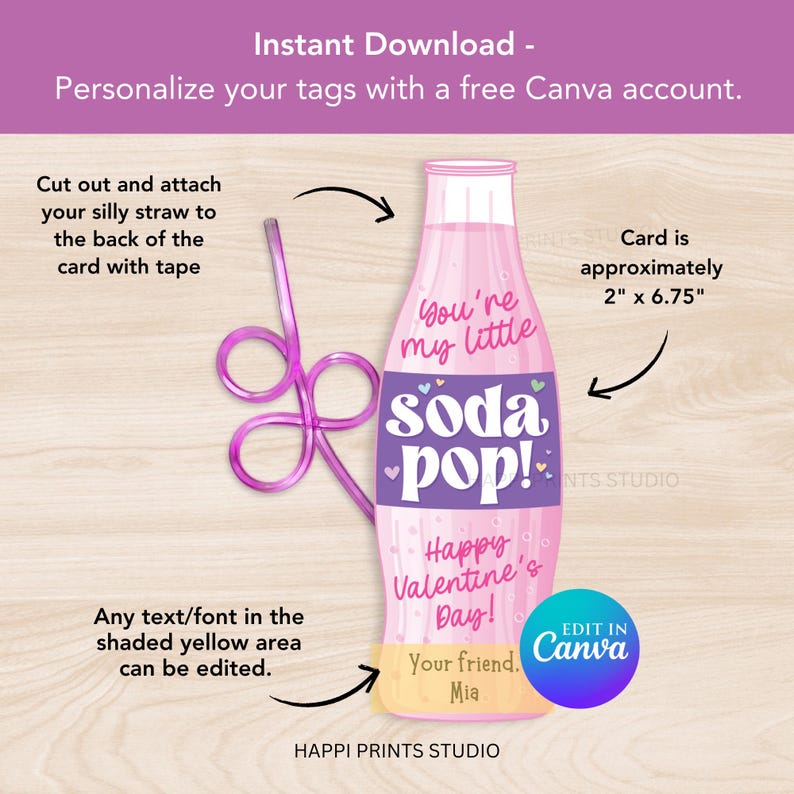 Soda Pop Silly Straw Valentine Printable Card, Crazy Straw Toy Favor ...