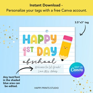 First Day of School Pencil Gift Tag, Editable Teacher Gift Tag, Student ...