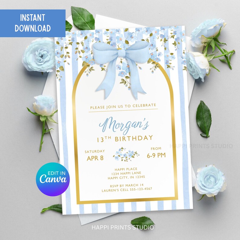 Coquette Blue Bow Birthday Invitation, Digital Teen Girl Birthday ...