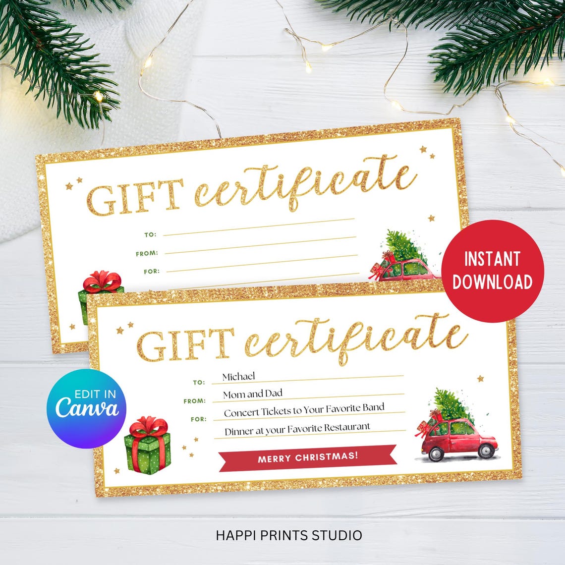 Editable Holiday Gift Certificate Template, Printable Gift Voucher ...